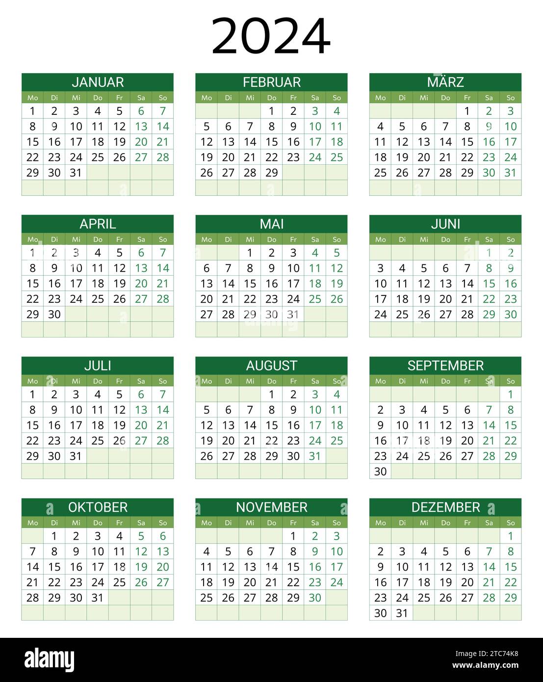 deutscher Kalender 2024. Druckbare, editierbare Vektorillustration für ...