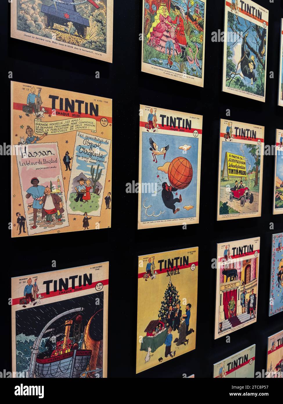 Verschiedene Cover der Comics der Abenteuer von Tintin von Herge. Die ...