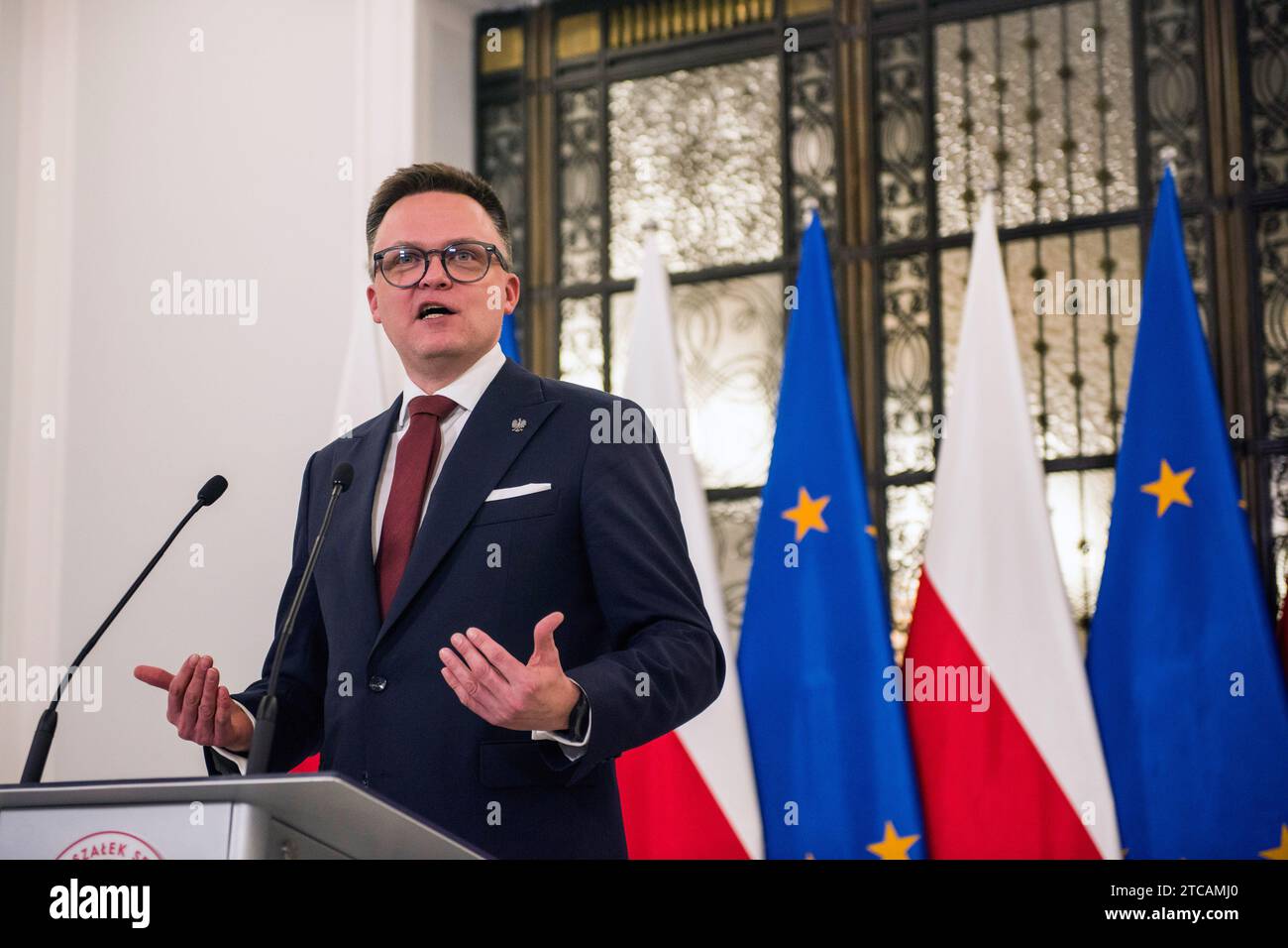 Szymon Holownia, Vorsitzender der Partei Polen 2050 und Sprecher des Sejm (Unterhaus), spricht ...