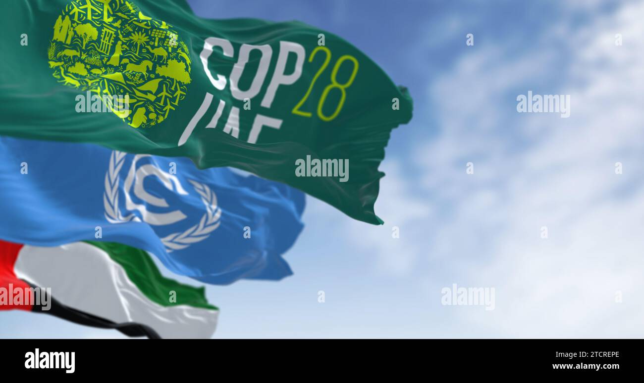 Dubai, VAE, November 30 2023: Flaggen der COP28, UNFCCC und der VAE winken an einem klaren Tag ...