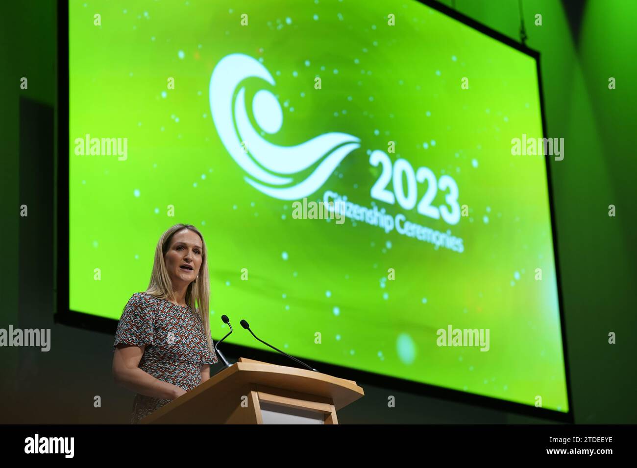 Justizministerin Helen McEntee spricht im Convention Centre in Dublin ...