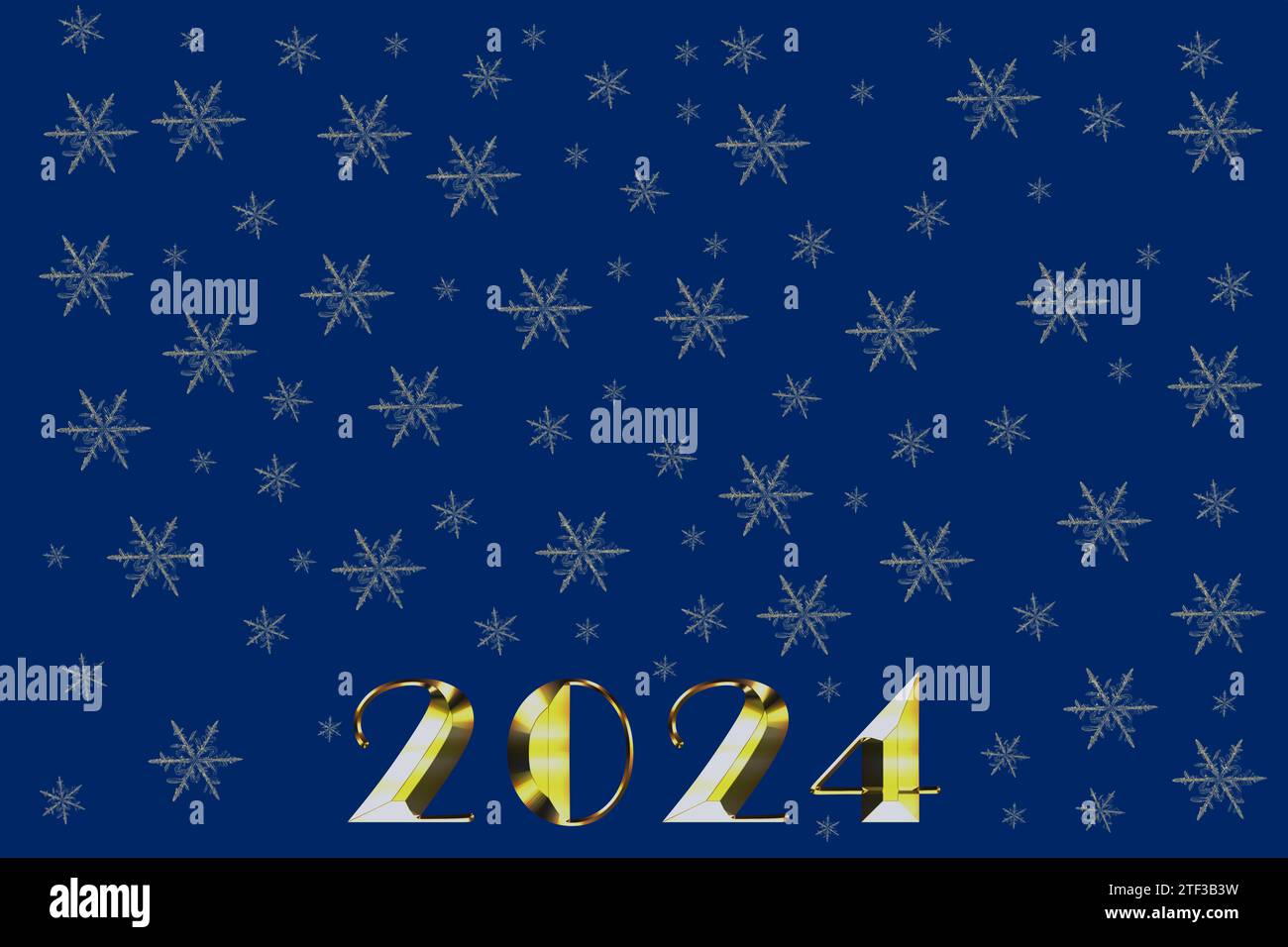 Jahr 2024 goldenes Neujahr, Schneeflocken mit brillanten Aussichten mit ...