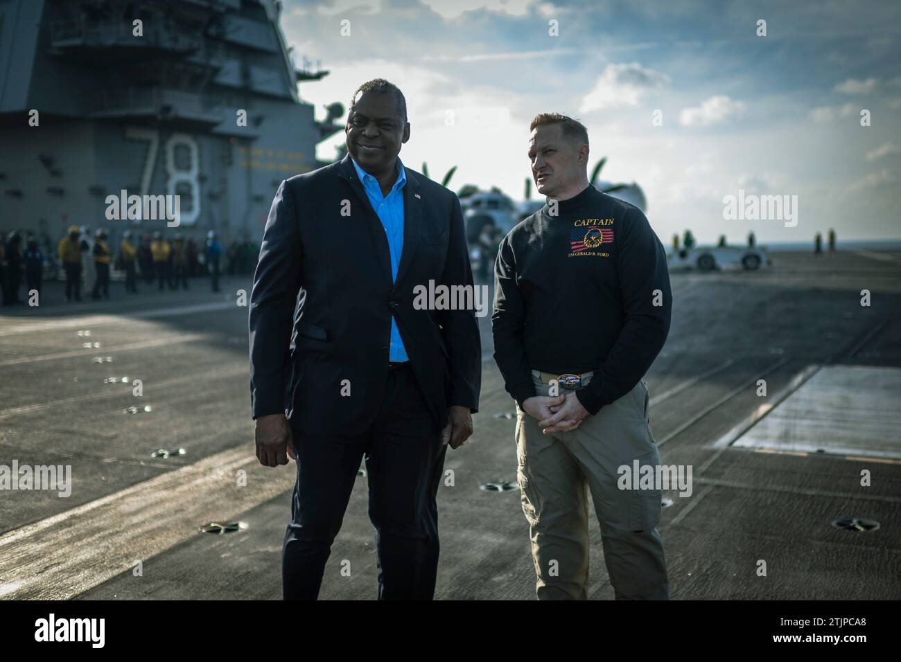 USS Gerald R Ford, USA. Dezember 2023. US-Verteidigungsminister Lloyd ...