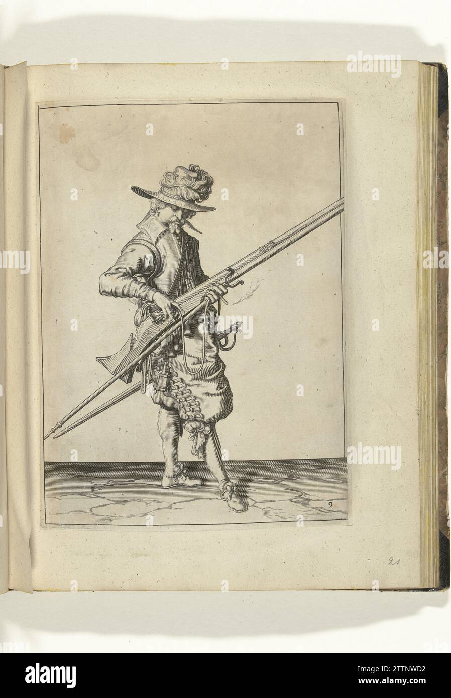Soldat, der dem Docht auf dem Hahn seiner Muskete die richtige Stelle ...