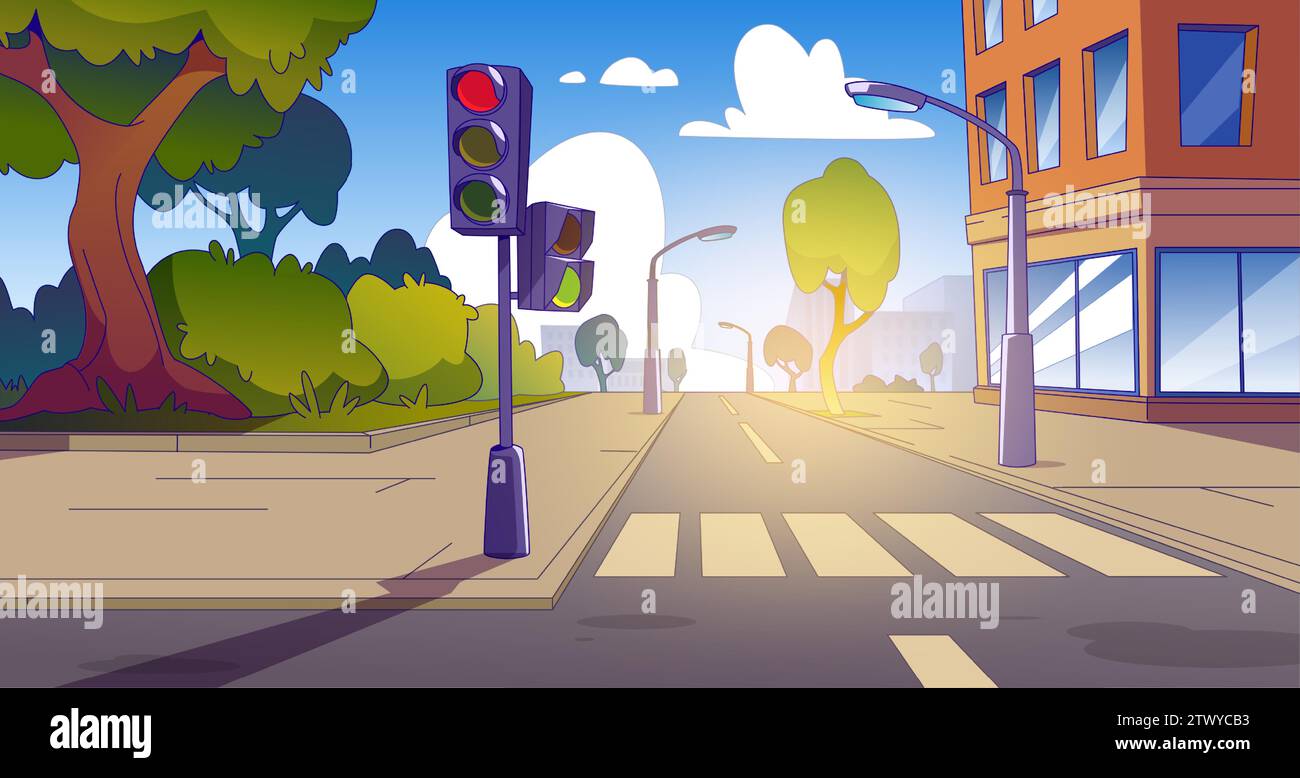 Straßenkreuzung mit Bürgersteig, Ampel und Zebrakreuz. Cartoon ...