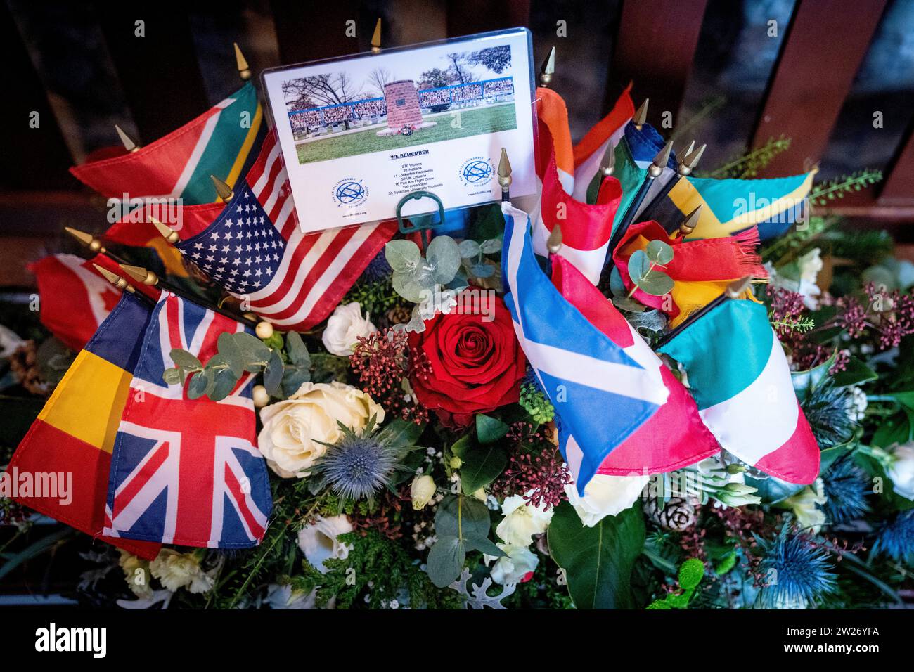 Ein Kranz der Pan am 103 Lockerbie Legacy Foundation, der während einer Gedenkfeier in der ...