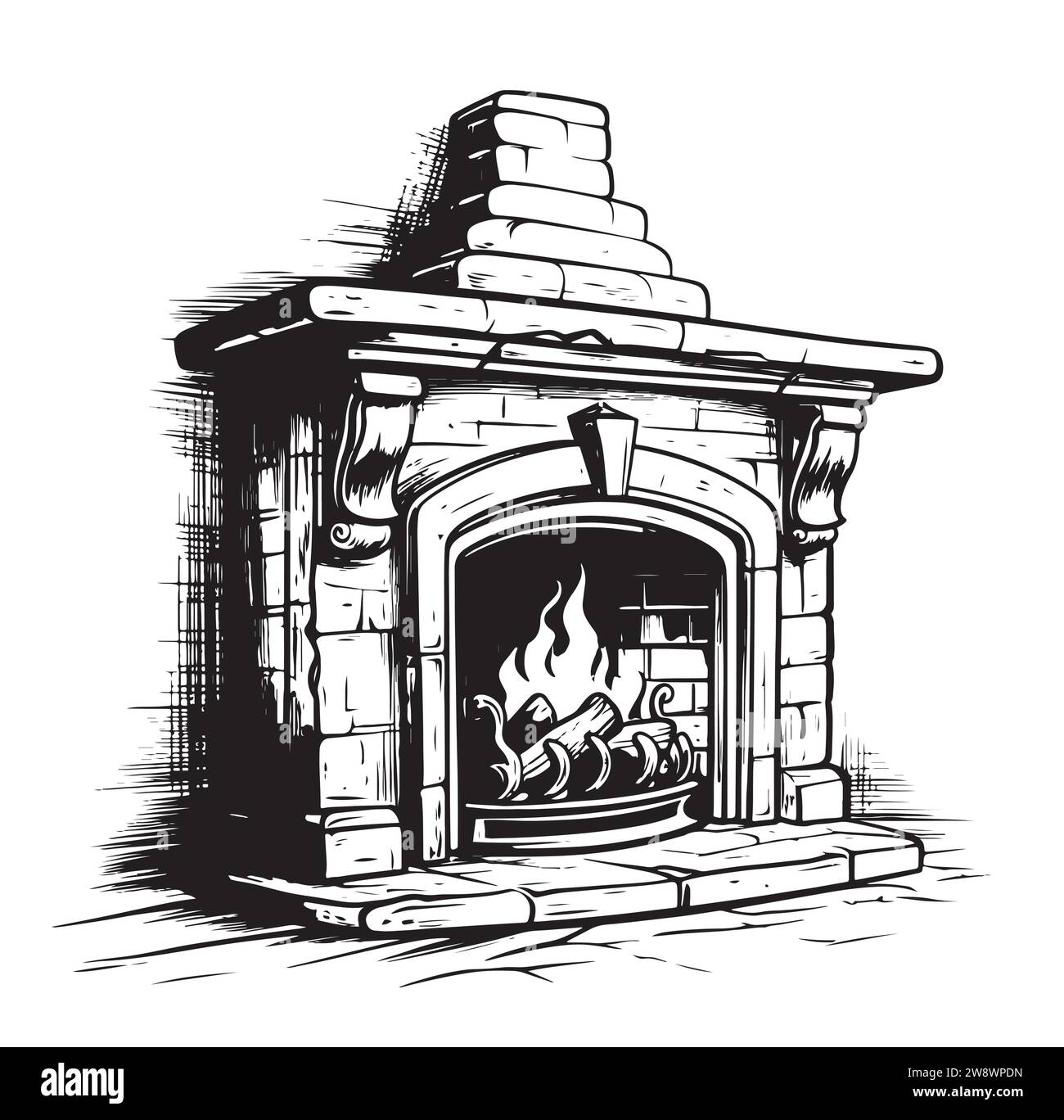 Vintage Kamin Hand gezeichnet Skizze Vektor-Illustration Stock ...