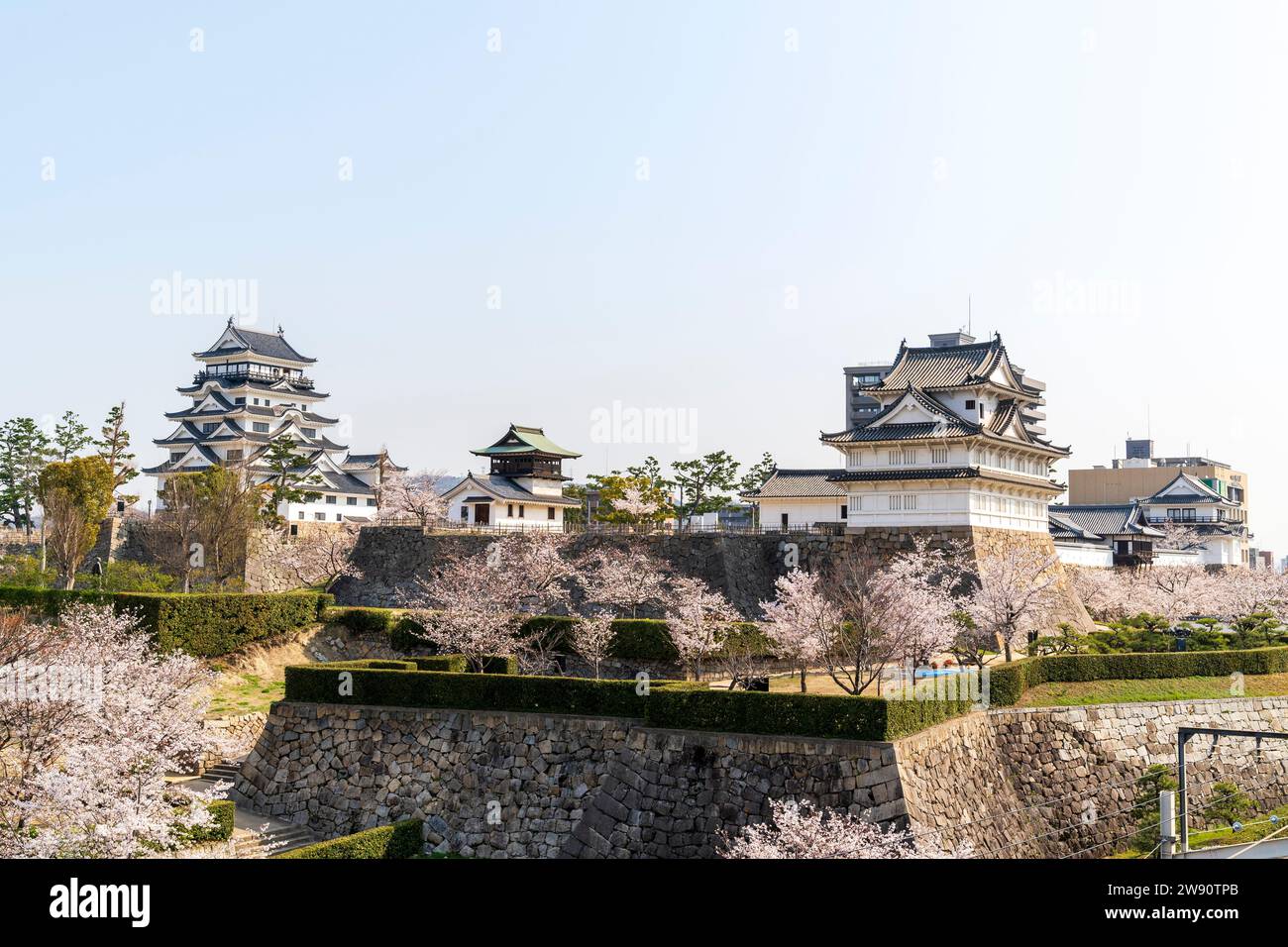 Schloss Fukuyama, Japan. Ishigaki Steinmauern, Kirschblüten, Fushimi ...