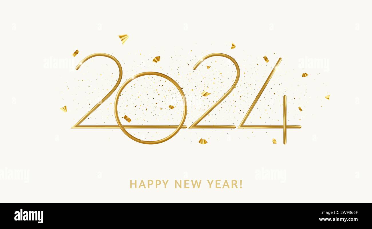 „Happy New Year 2024“-Design mit glänzenden goldenen Ziffern und ...