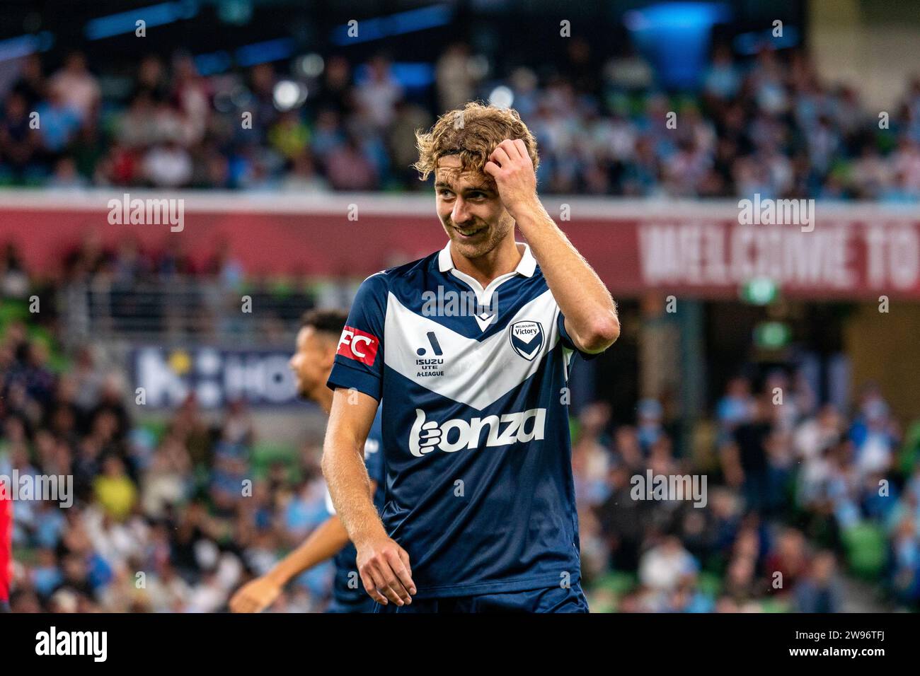 Melbourne, Australien. 23. Dezember 2023. Melbourne Victory FC Mittelfeldspieler Ryan Teague ...