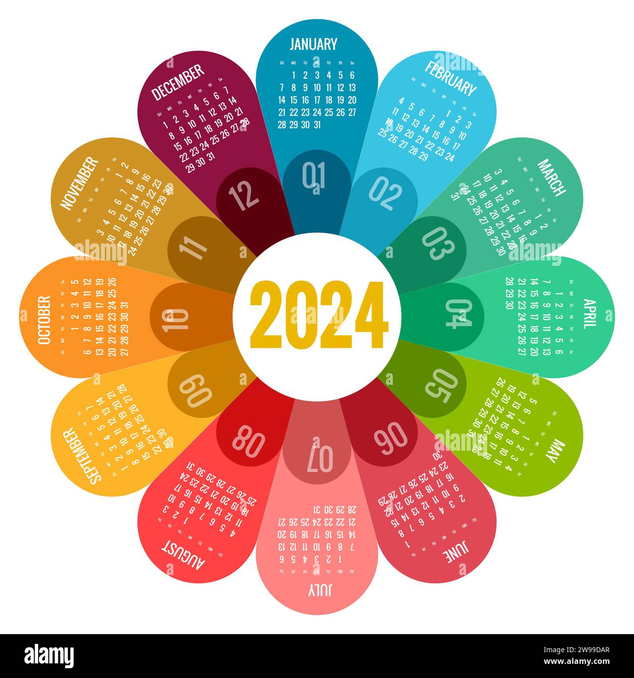 Farbenfroher runder Kalender 2024. Hochformat. Satz von 12 Monaten ...