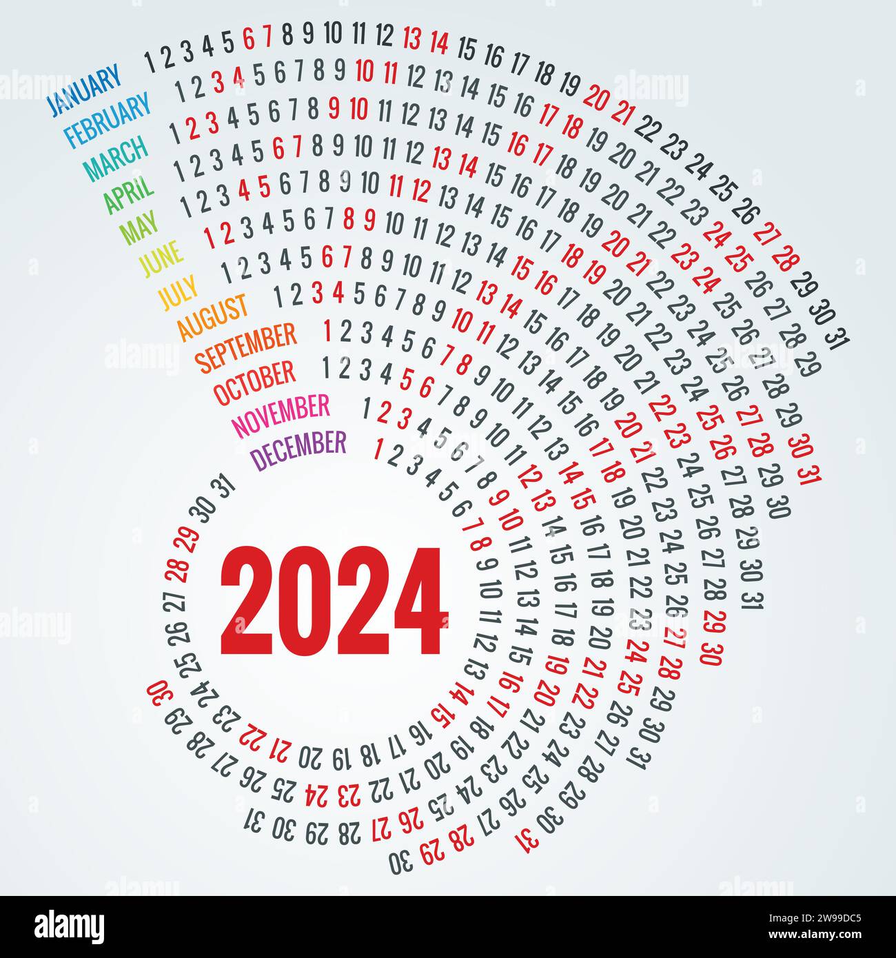 Farbenfroher runder Kalender 2024. Hochformat. Satz von 12 Monaten ...