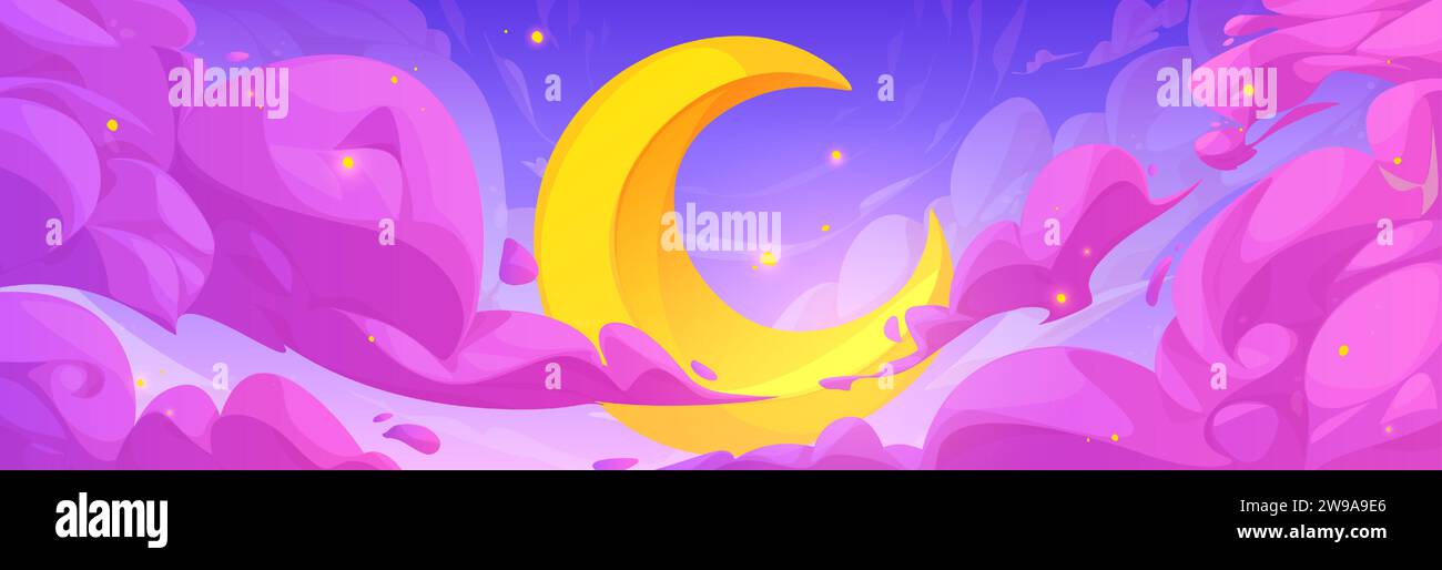 Cartoon-Nachthimmel mit flauschigen Wolken im Anime-Stil und Mondsichel ...