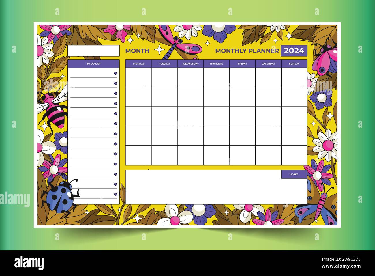 Hand gezeichnet 2024 Monatskalender Vorlage Design Vektor Illustration ...