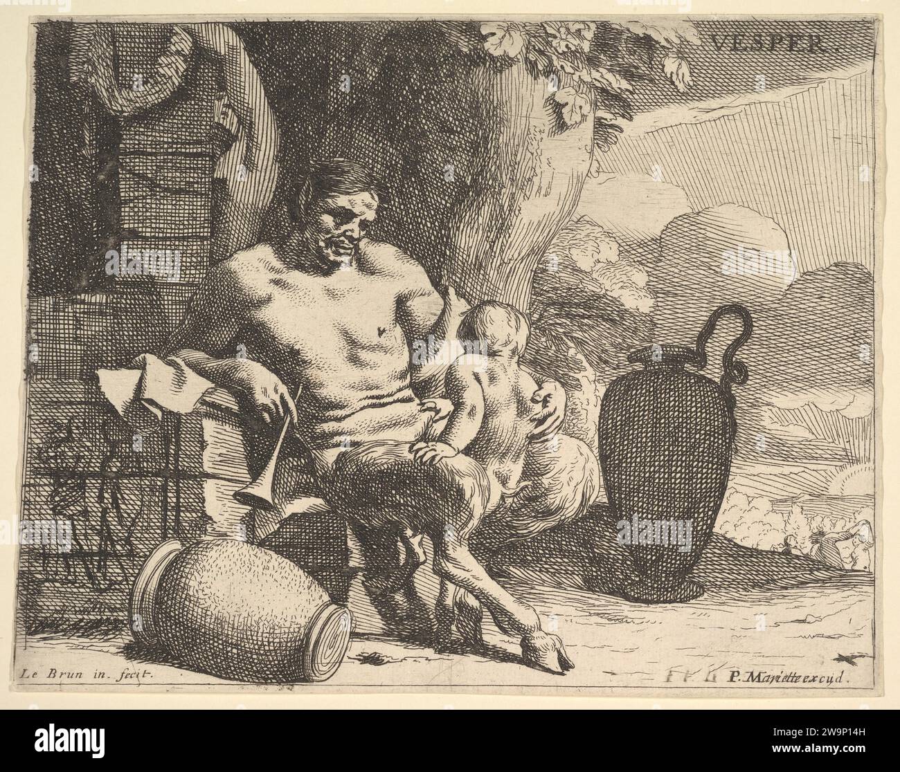Abend: Ein sitzender Satyr verschließt sein Kind, eine Figur hängt eine ...