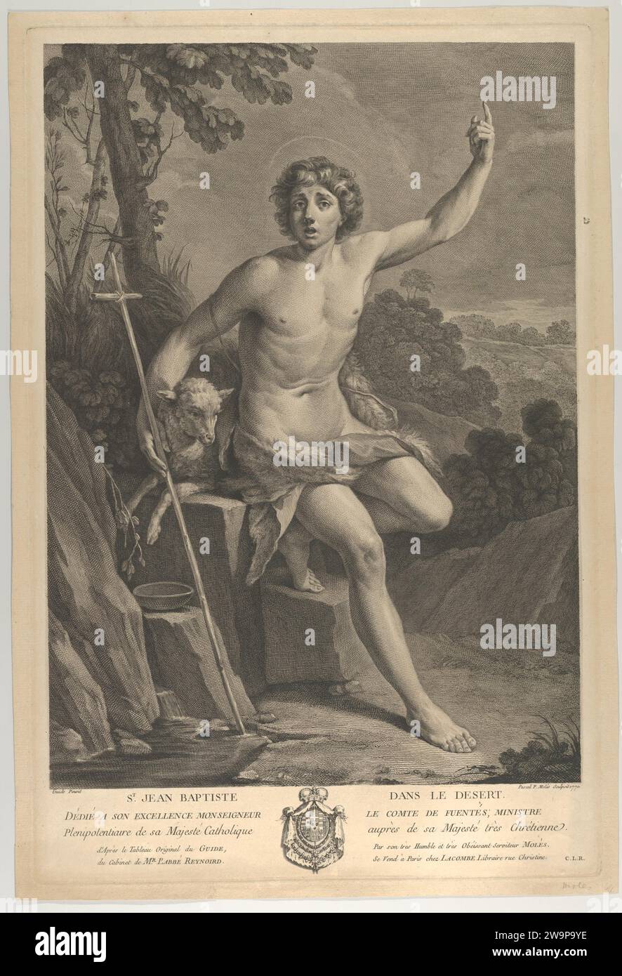 Johannes der Täufer in der Wüste, auf einem Felsen sitzend und mit der ...