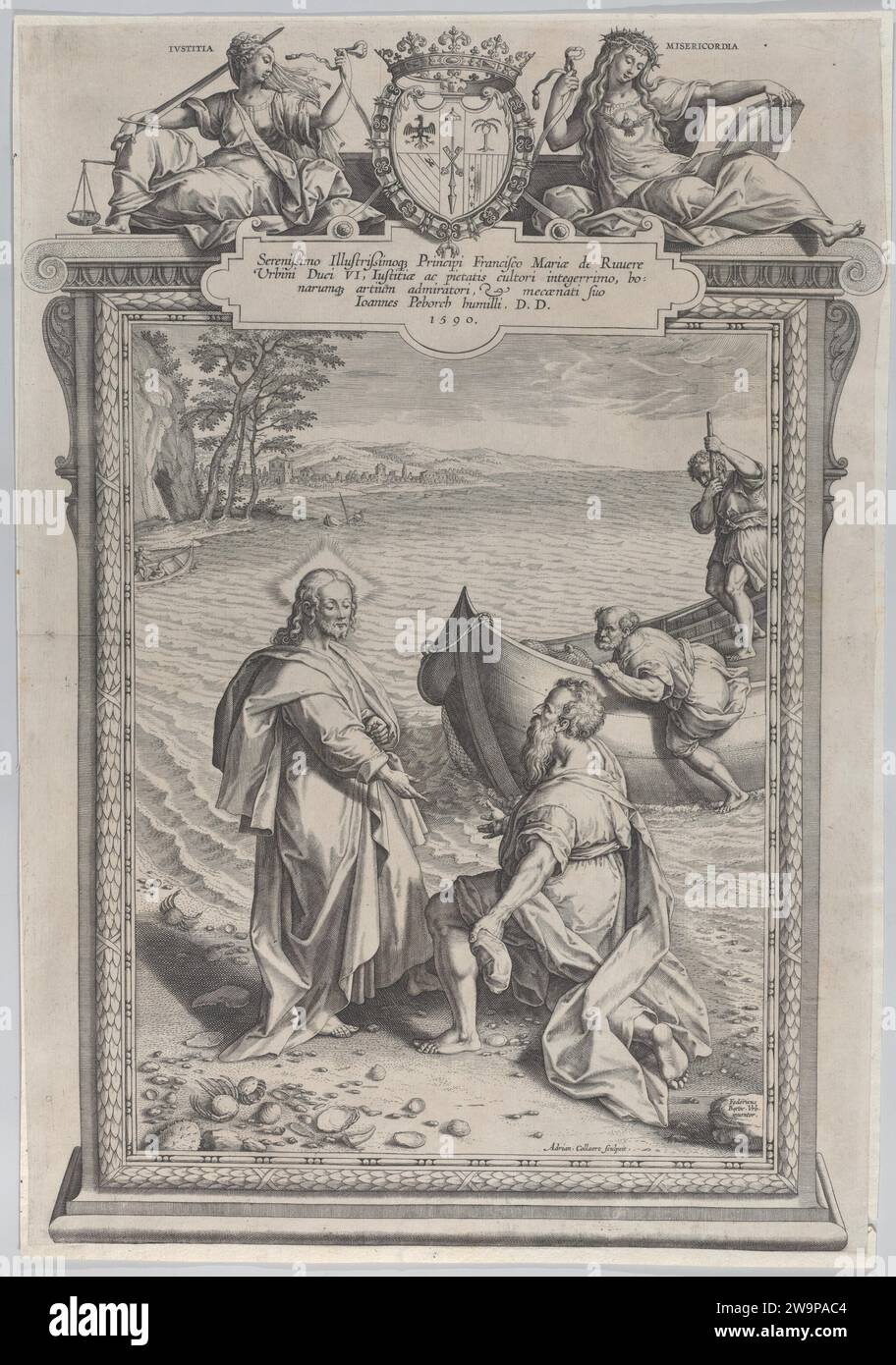 Christus ruft den Heiligen Andreas, der vor ihm am Strand kniet, und ...