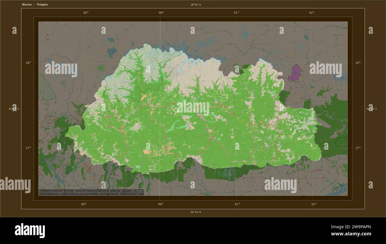 Bhutan wird auf einer topografischen Karte im OSM-France-Stil mit dem ...