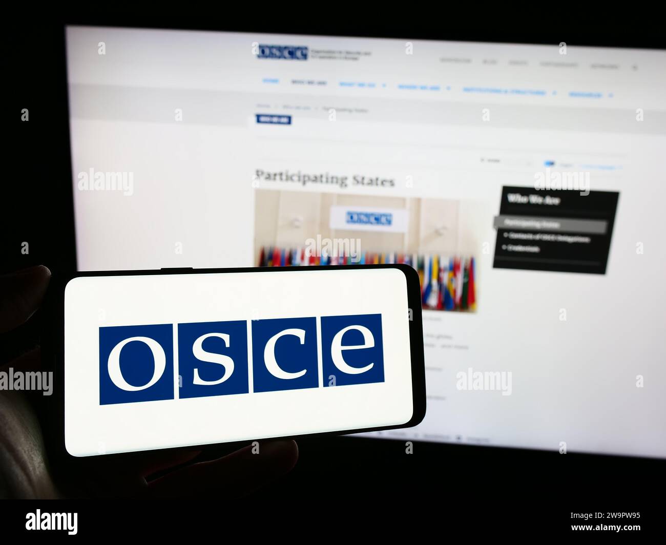 Person, die ein Mobiltelefon mit dem Logo der Organisation für ...