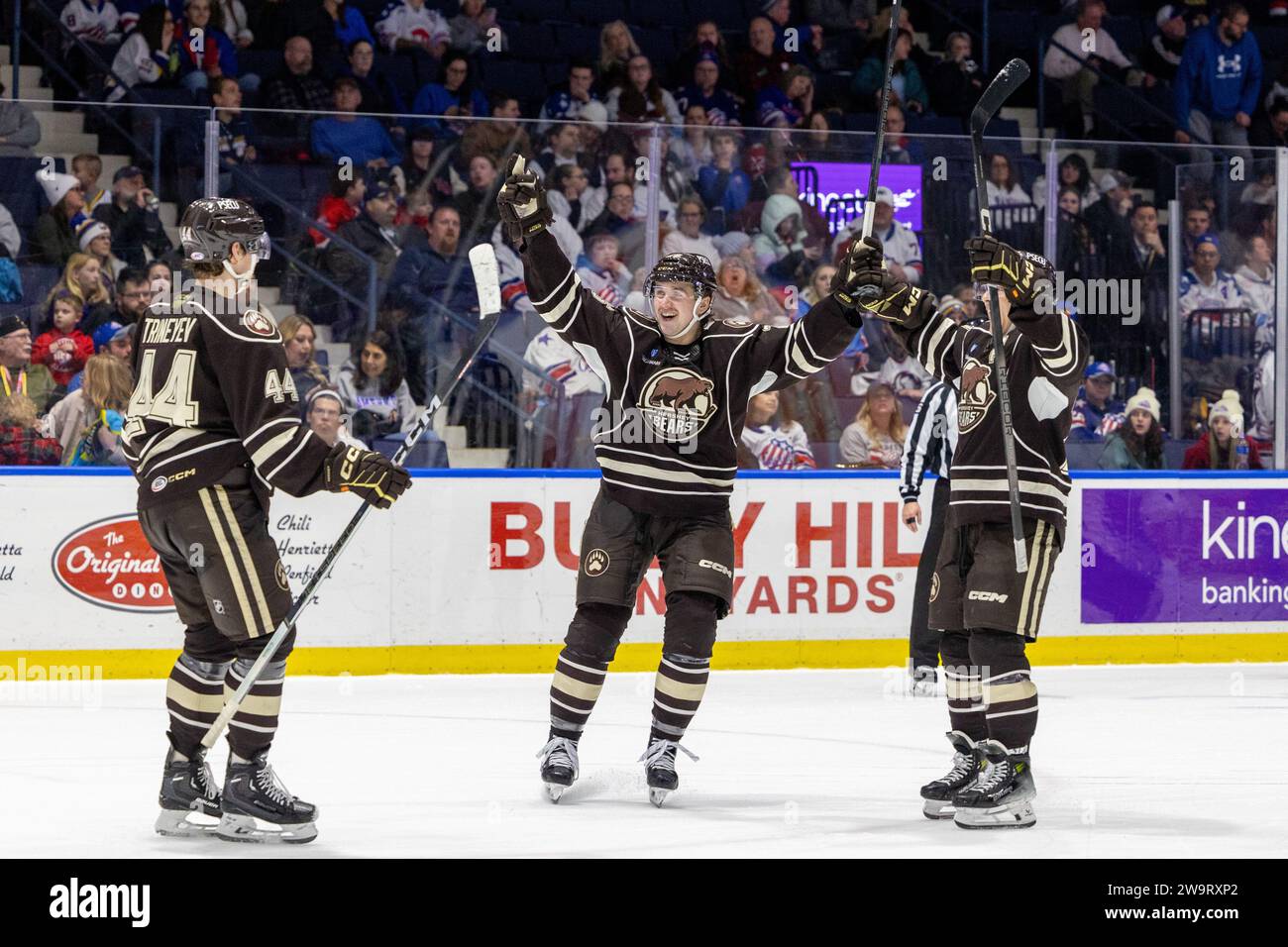 Rochester, New York, USA. Dezember 2023. Die Spieler von Hershey Bears feiern in der dritten ...