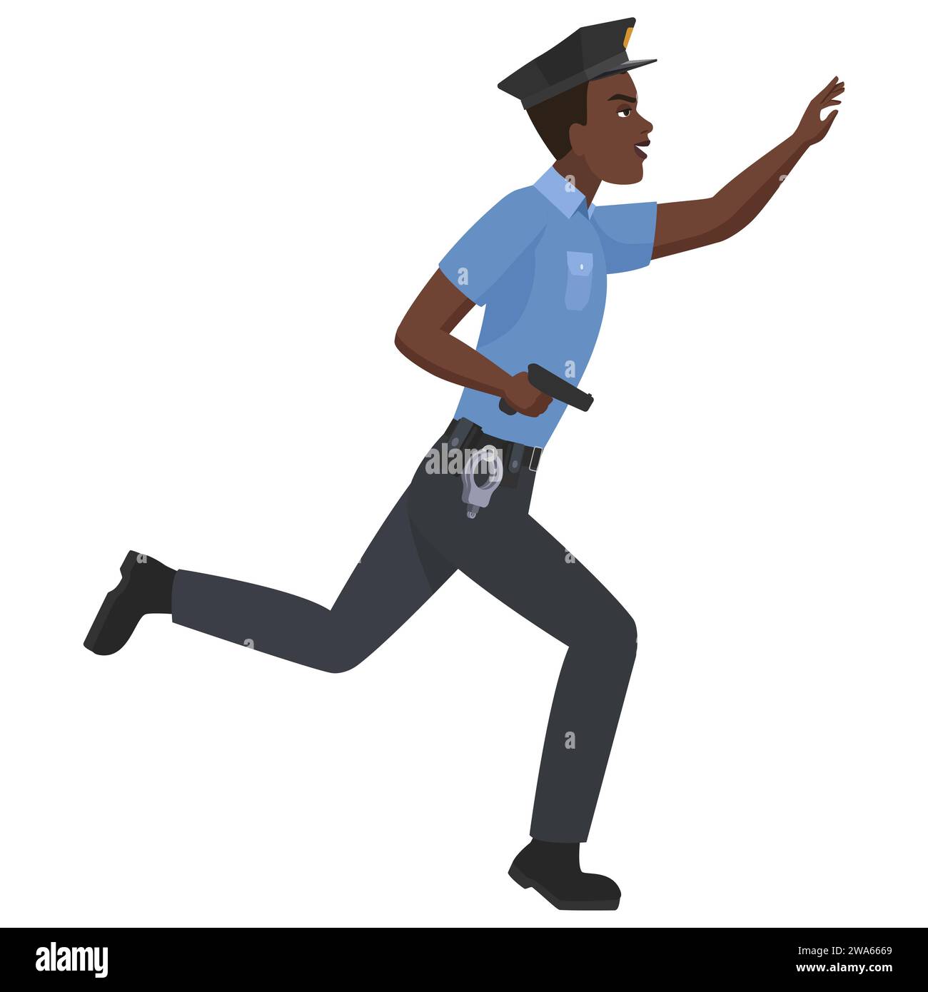 Schwarzer Polizist jagt mit der Waffe. Afrikanischer männlicher ...