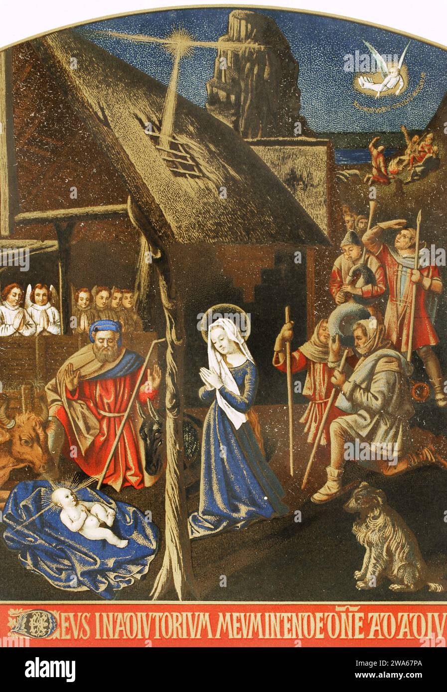 Die Anbetung der Hirten. Die Jungfrau mit St.. Joseph und das Jesuskind. Chromolithographie nach ...