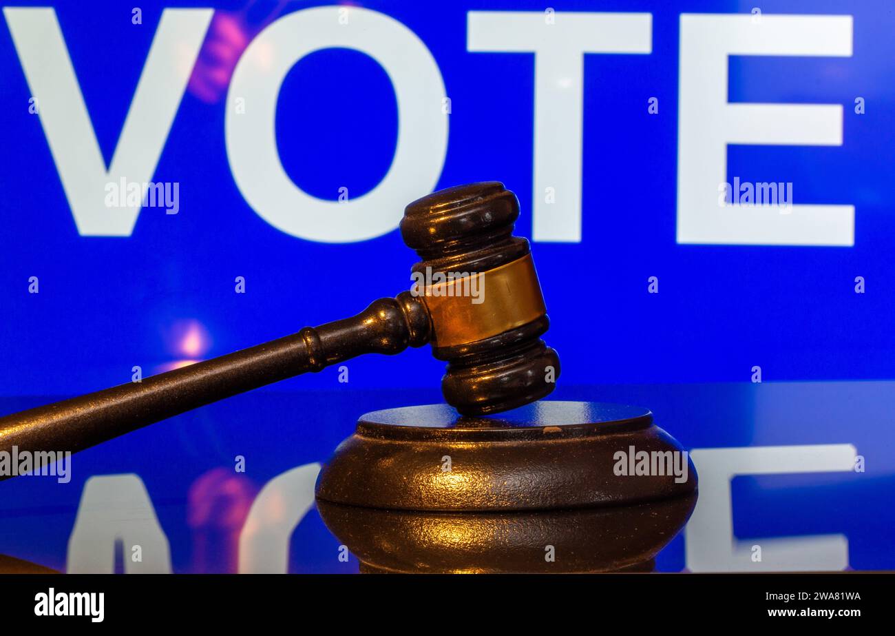 Symbolbild: Der Hammer des Richters vor einem blauen Bildschirm mit der ...