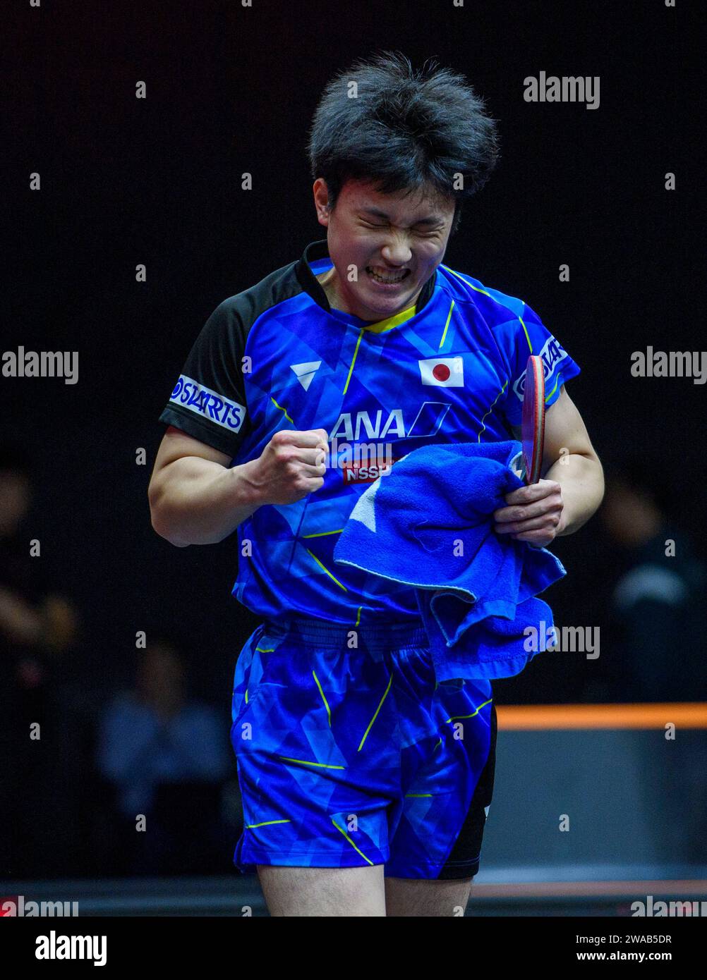 Doha, Katar. Januar 2024. Harimoto Tomokazu feiert den Sieg im ...