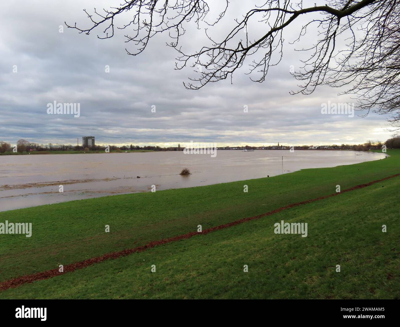 Blick ueber die Rheinwiesen auf den Rheinstrom mit Hochwasser Neuss ...