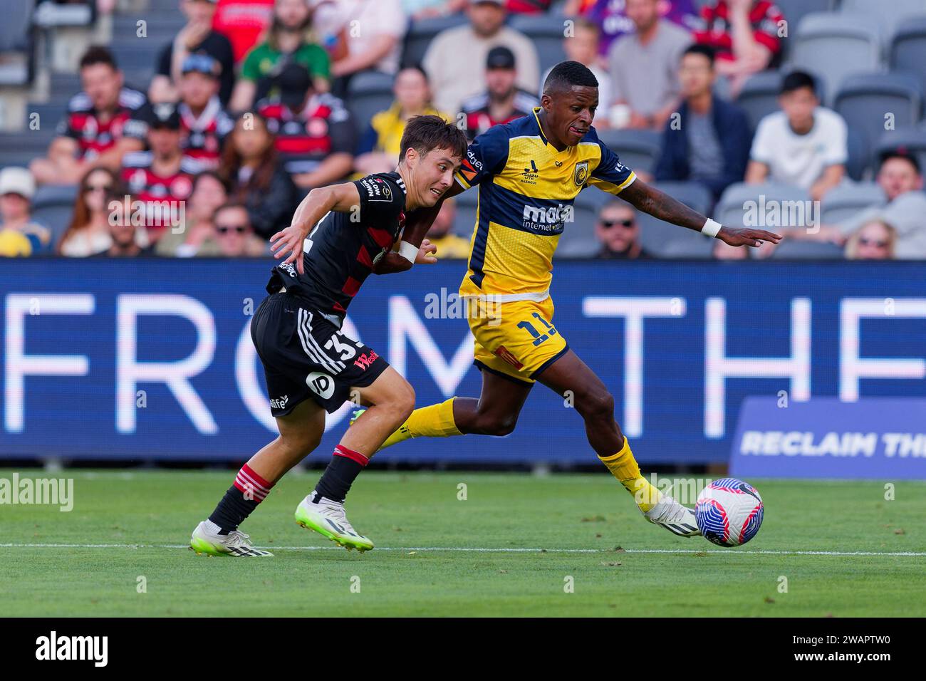 Sydney, Australien. Januar 2024. Aidan Simmons von den Wanderers tritt ...