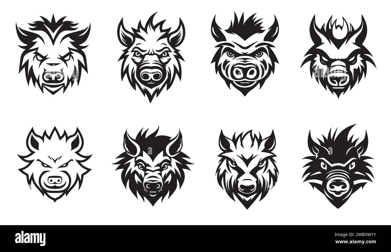 Set von Wildschweinköpfen mit offenem Mund und entblößten Zähnen, mit ... Set von Wildschweinköpfen mit offenem Mund und entblößten Zähnen, mit ...