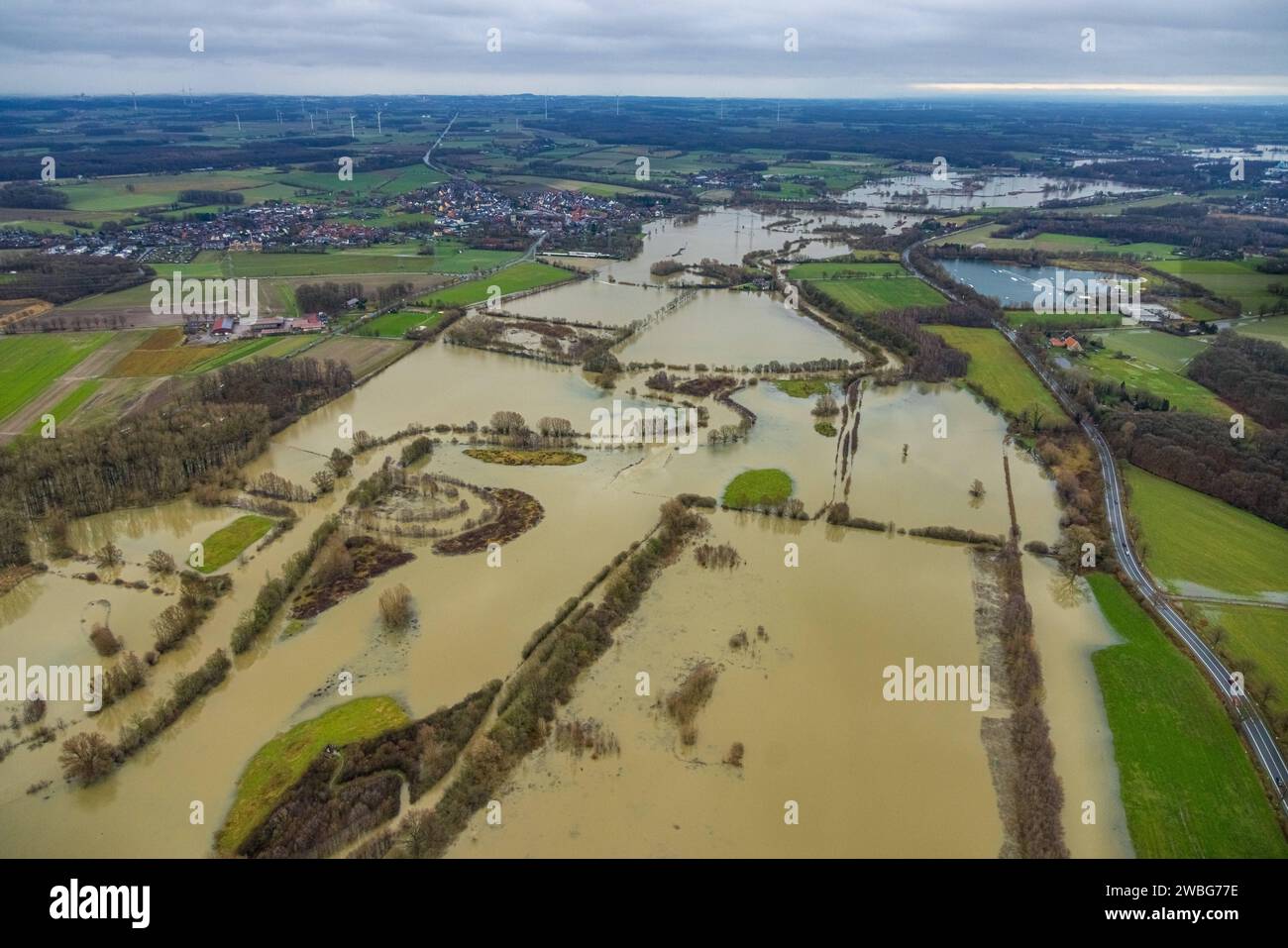 Luftbild vom Hochwasser der Lippe, Weihnachtshochwasser 2023, Fluss ...