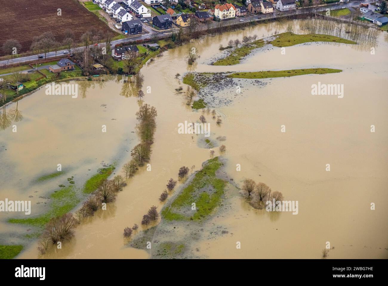 Luftbild vom Hochwasser der Lippe, Weihnachtshochwasser 2023, Fluss ...