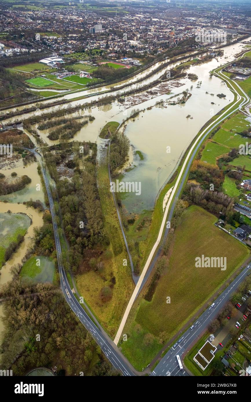 Luftbild vom Hochwasser der Lippe, Weihnachtshochwasser 2023, Fluss ...