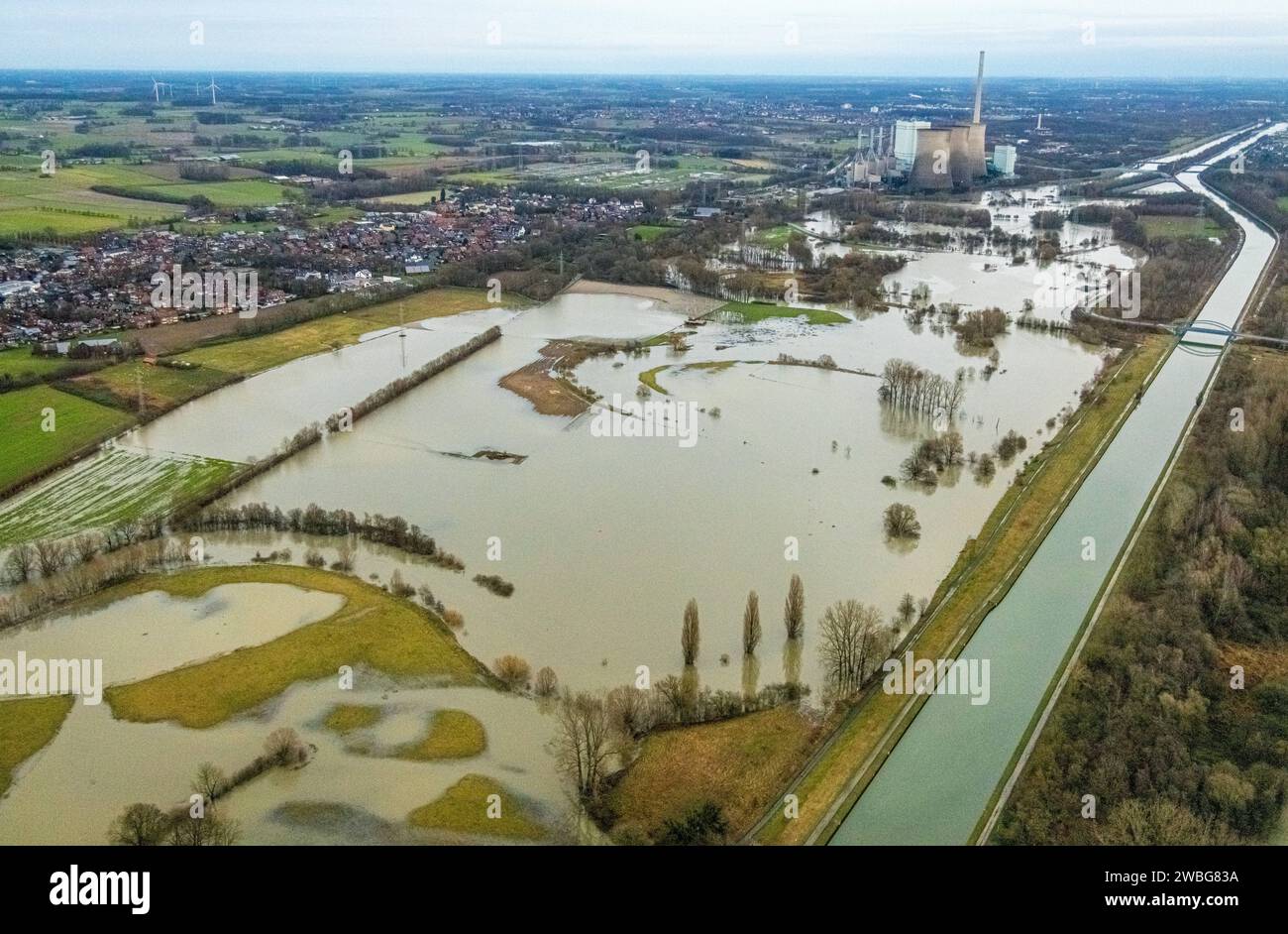 Luftbild vom Hochwasser der Lippe, Weihnachtshochwasser 2023, Fluss ...