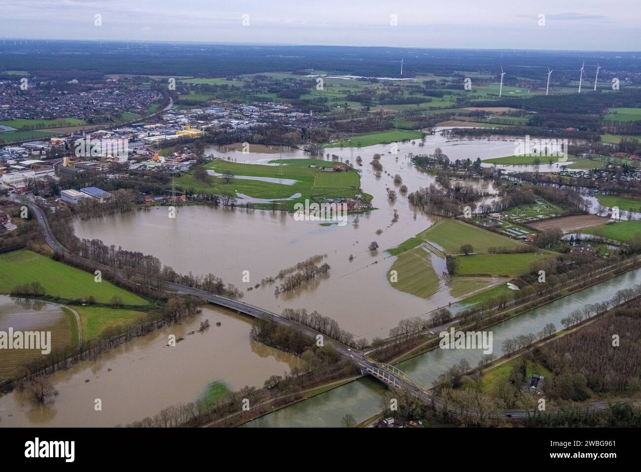 Luftbild vom Hochwasser der Lippe, Weihnachtshochwasser 2023, Fluss ...
