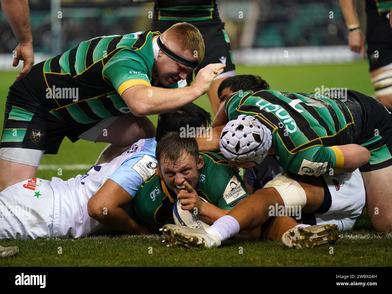 Alex Waller der Northampton Saints feiert den sechsten Versuch ihrer ...