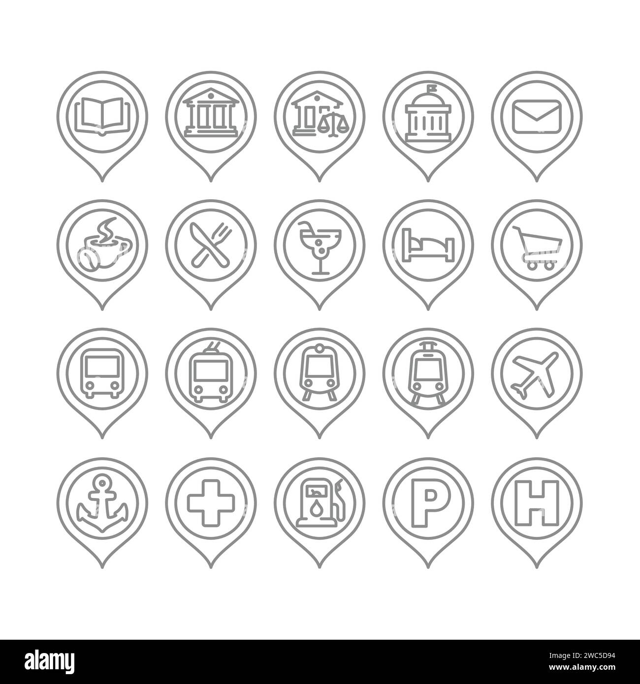 Lageplan Pin mit Symbolen in Cafés, Restaurants und Hotels. Bank ...