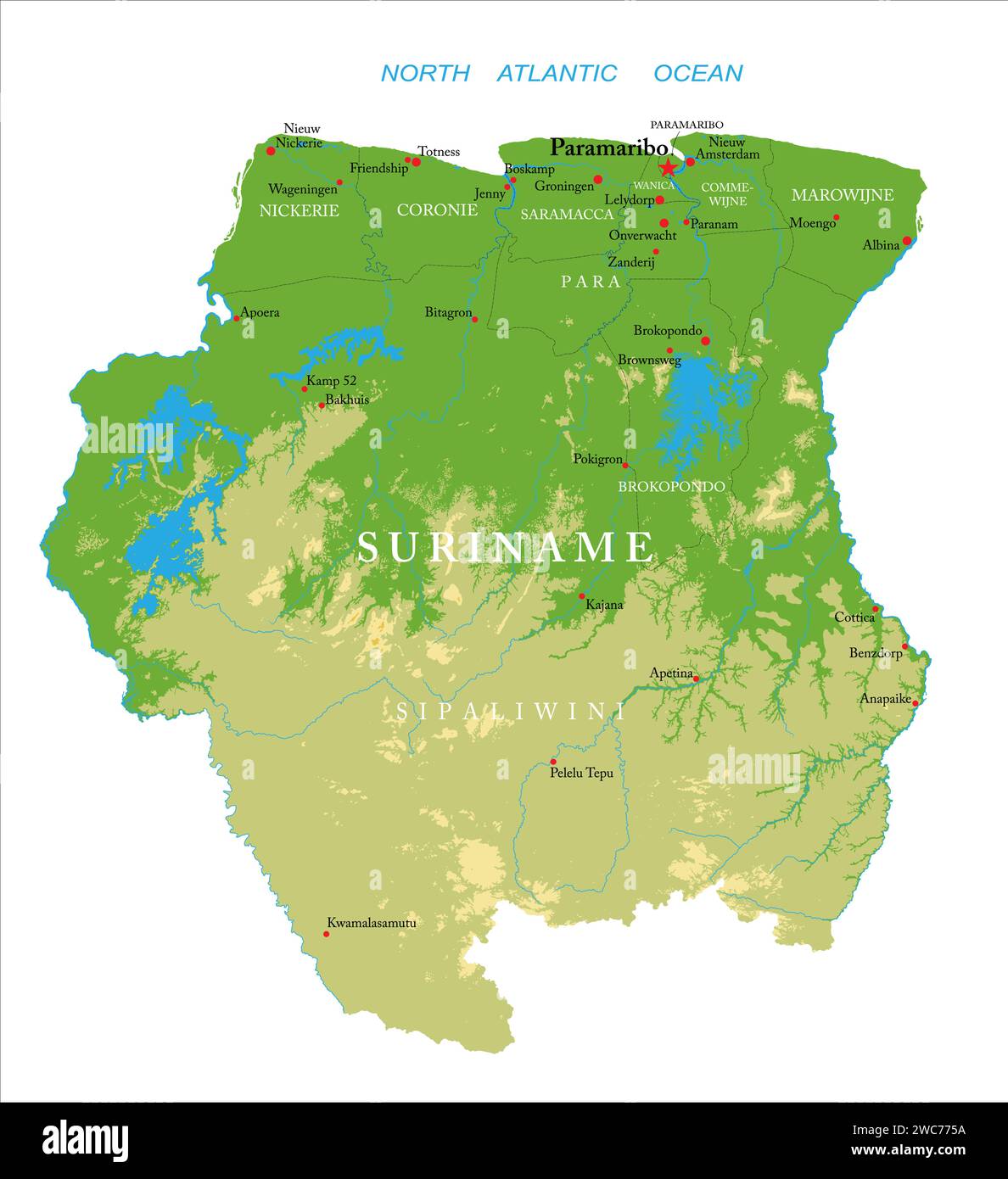 Sehr detaillierte physische Karte von Suriname im Vektorformat mit ...