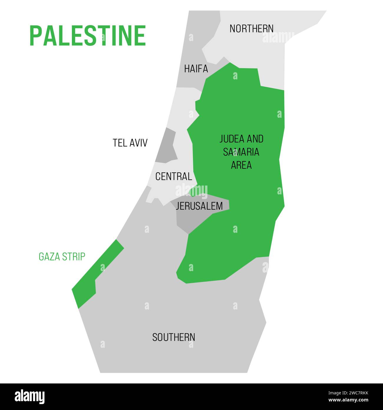 Politische Karte Palästinas auf der Karte Israels. Grüner Gazastreifen und Judäa und Samaria ...