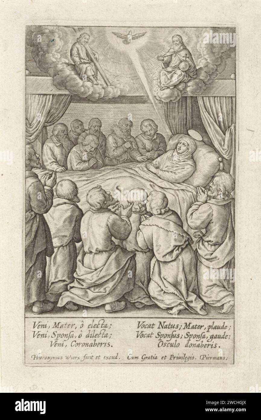 Tod von Maria, Hieronymus Wierix, 1563 - vor 1619 Druck Maria liegt im Bett. Die Apostel beten ...