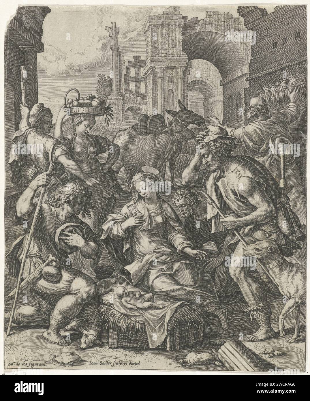 Anbetung von de Herders, Johann Sadeler (I), nach Maerten de Vos, 1582–1584 drucken die Hirten ...