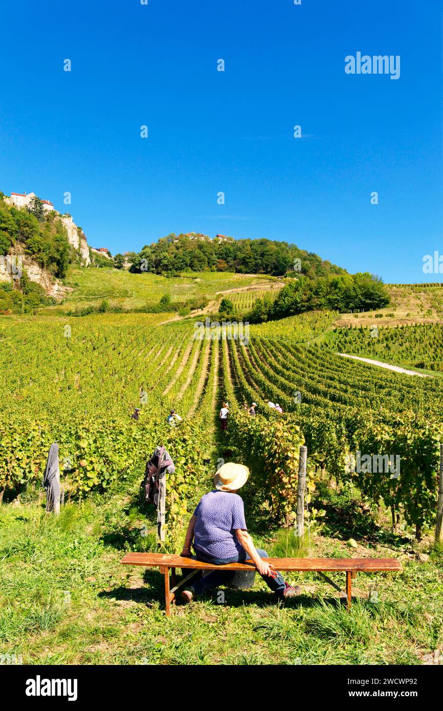 Frankreich, Jura, Chateau Chalon, beschriftet Les Plus Beaux Villages ... Frankreich, Jura, Chateau Chalon, beschriftet Les Plus Beaux Villages ...