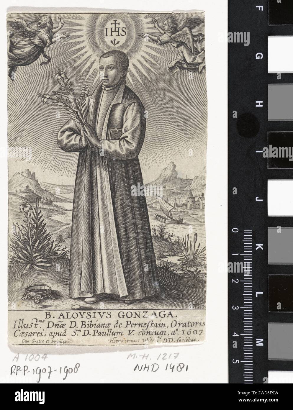 Aloysius Gonzaga in einer Landschaft, Hieronymus Wierix, 1607 Druck der ...