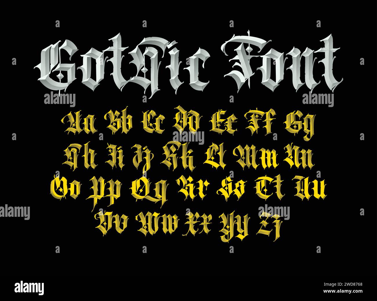 Gothic, englisches Alphabet. Vektor. Mittelalterliche lateinische Buchstaben und Zahlen. Zeichen ...