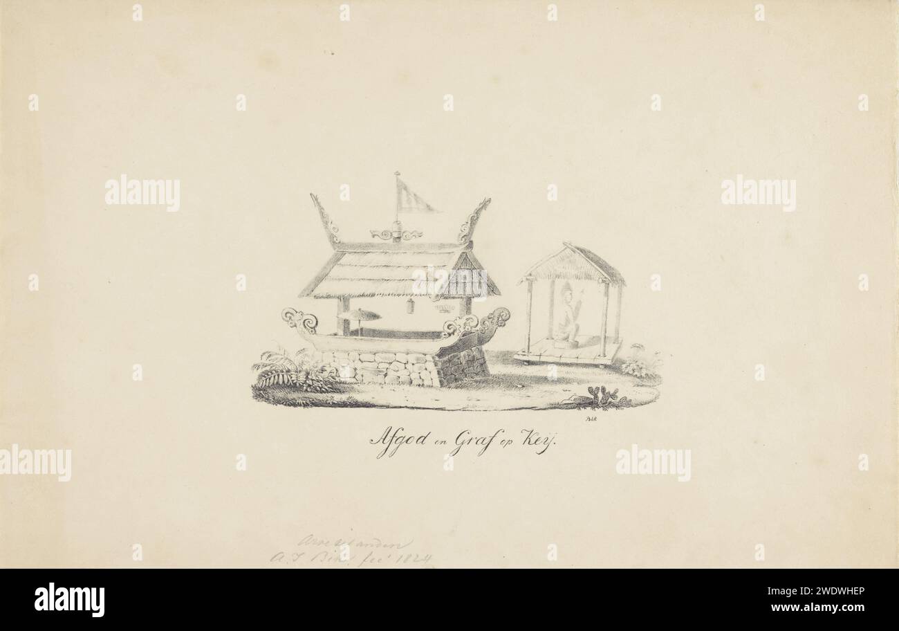 Grafendenkmal und Skulptur, Adrianus Johannes Bik, 1824 Druck in einer Landschaft, ein Mauerwerk ...