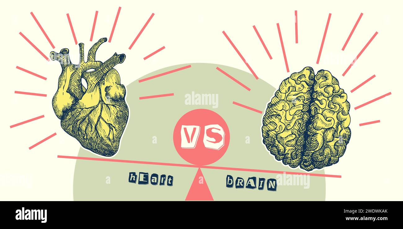 Concept Heart vs. Brain. Collage-Poster im Vintage-Design. Symbole für ...