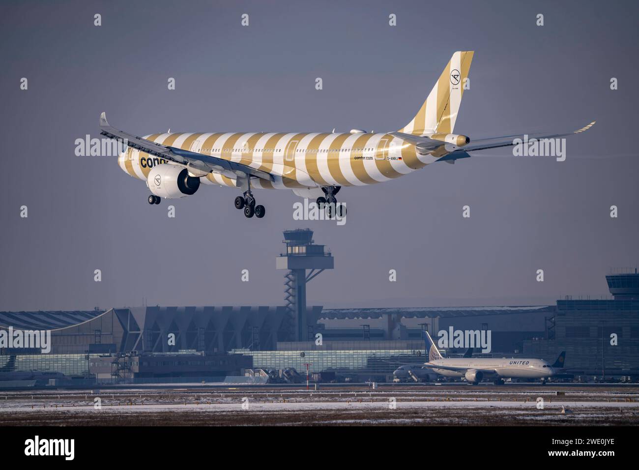 Condor Airbus A330-900 beim Landeanflug auf den Flughafen Frankfurt FRA, Tower der Flugsicherung ...