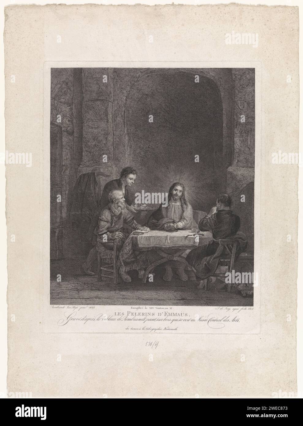 Essen in Emmaus, Johannes Pieter de Frey, nach Rembrandt van Rijn, 1802 Druck Christus sitzt mit ...