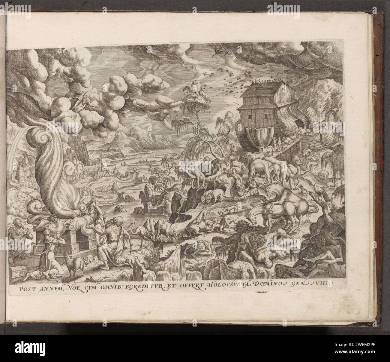 Tiere verlassen die Arche und Noah dankt Gott, 1579 Druck Noah und ...